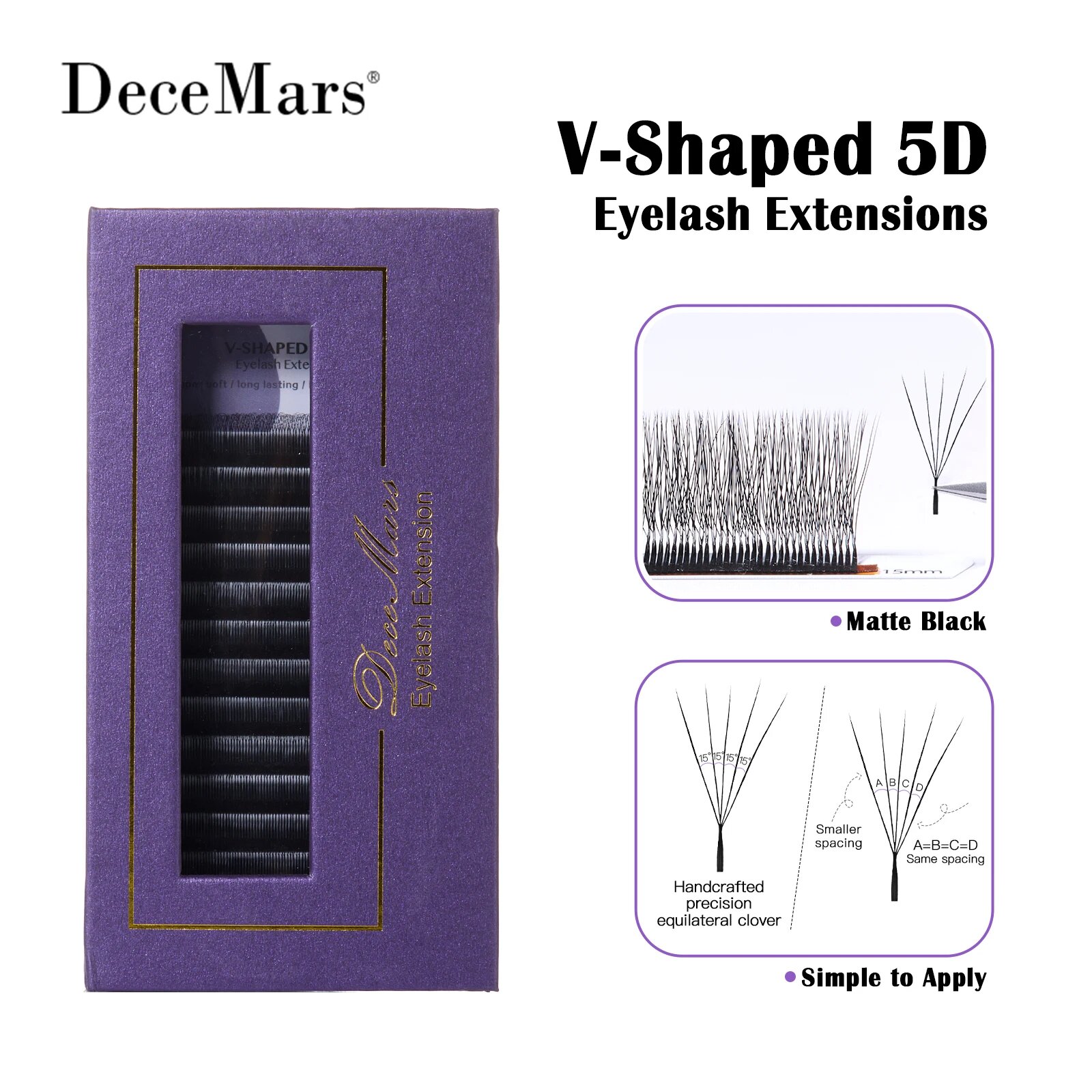DeceMars V-образные 5D ресницы, M изгиб, 12mm, черные