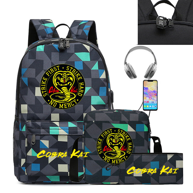 Новый американский сериал «Каратэ», детский рюкзак «Кобра», сумка для ручек, сумка на одно плечо, парусиновая школьная сумка из трех предметов 01