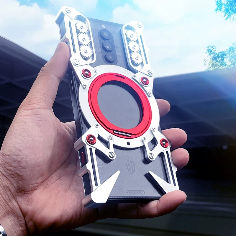 Чехол для Red Magic 9 Pro с металлической механической поворотной подставкой, цвет серебристо-красный, защитный чехол