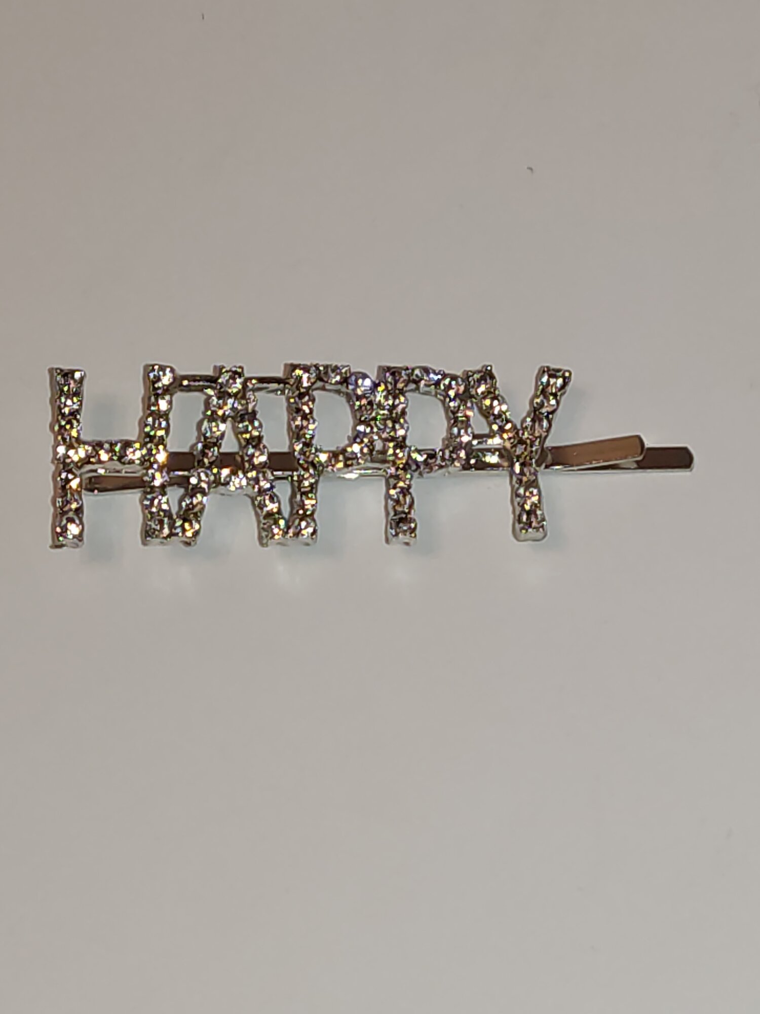 Невидимка-заколка "HAPPY" , металл, серебристая, со стразами