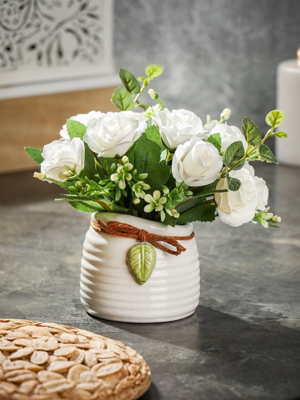 Цветок искусственный декоративный Букет роз, в кашпо, 16 см, белый, Y6-2056