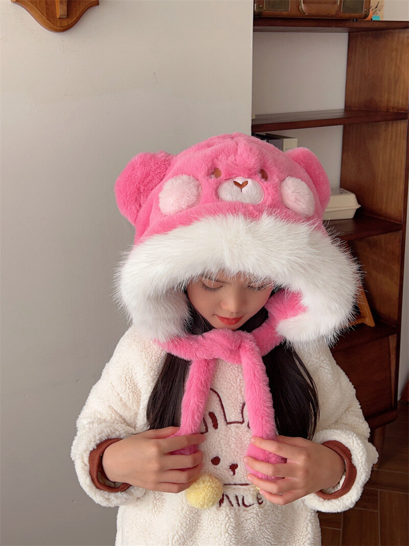 Милая плюшевая шапка с медведем, новинка 2024 года, осенне-зимняя меховая утолщенная теплая шапка для детей и девочек, милая шапка Lei Feng