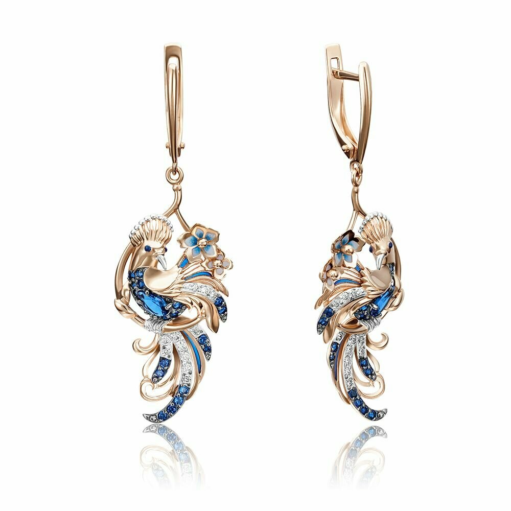 Серьги, красное золото, 585 проба, бриллиант, эмаль, сапфир