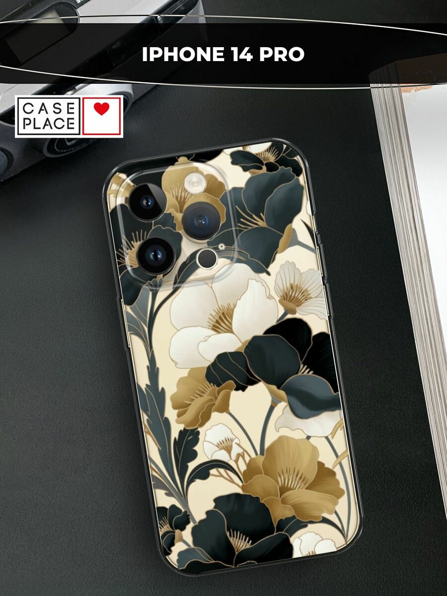 Чехол на Apple iPhone 14 Pro / Айфон 14 Про с принтом Золотые цветы