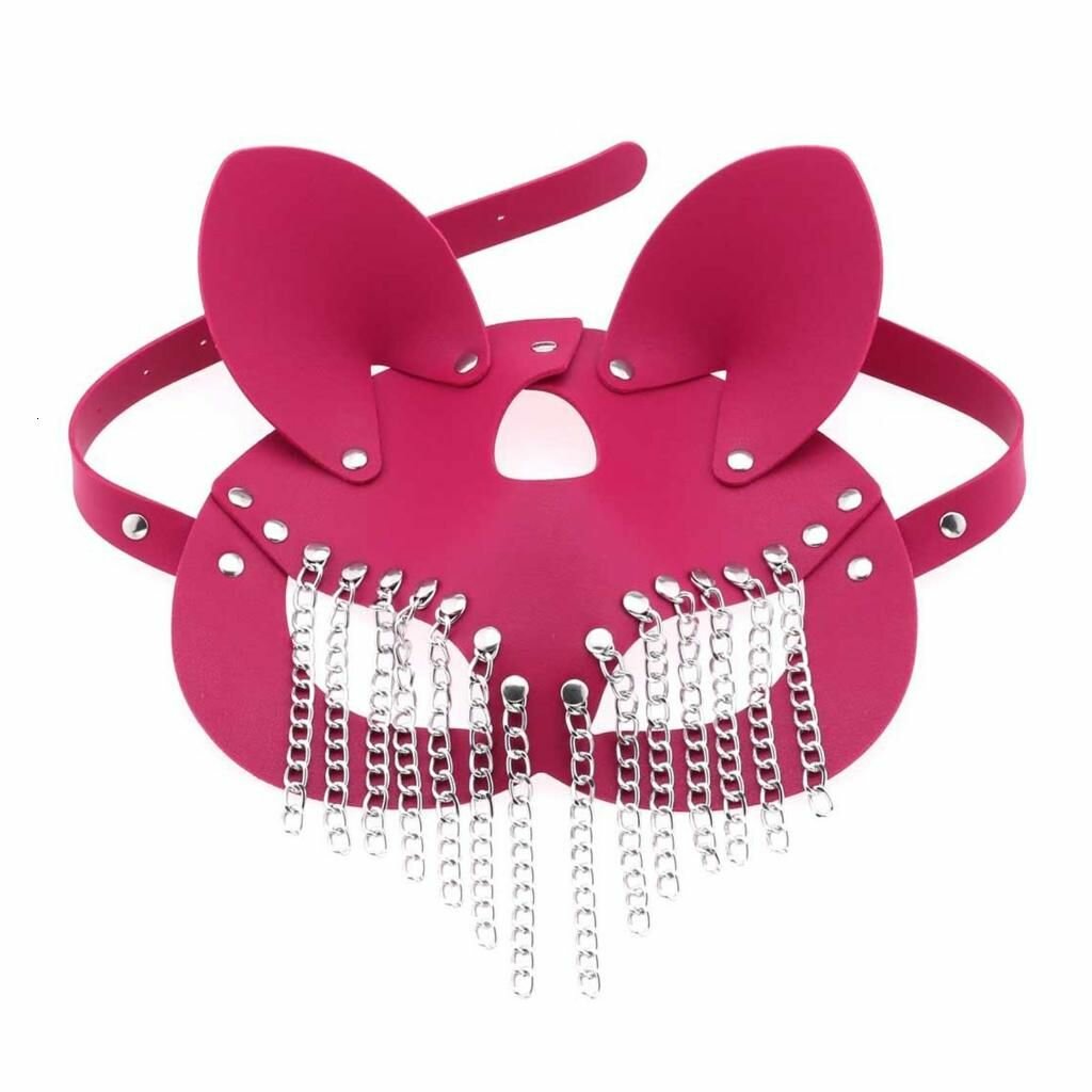 Кожаная маска для костюма с цепочками, розово-красный