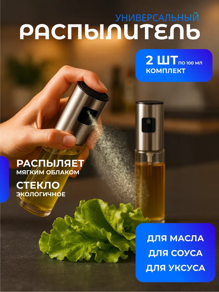 Дозатор-спрей распылитель для масла и уксуса, цвет серебристый 2 шт