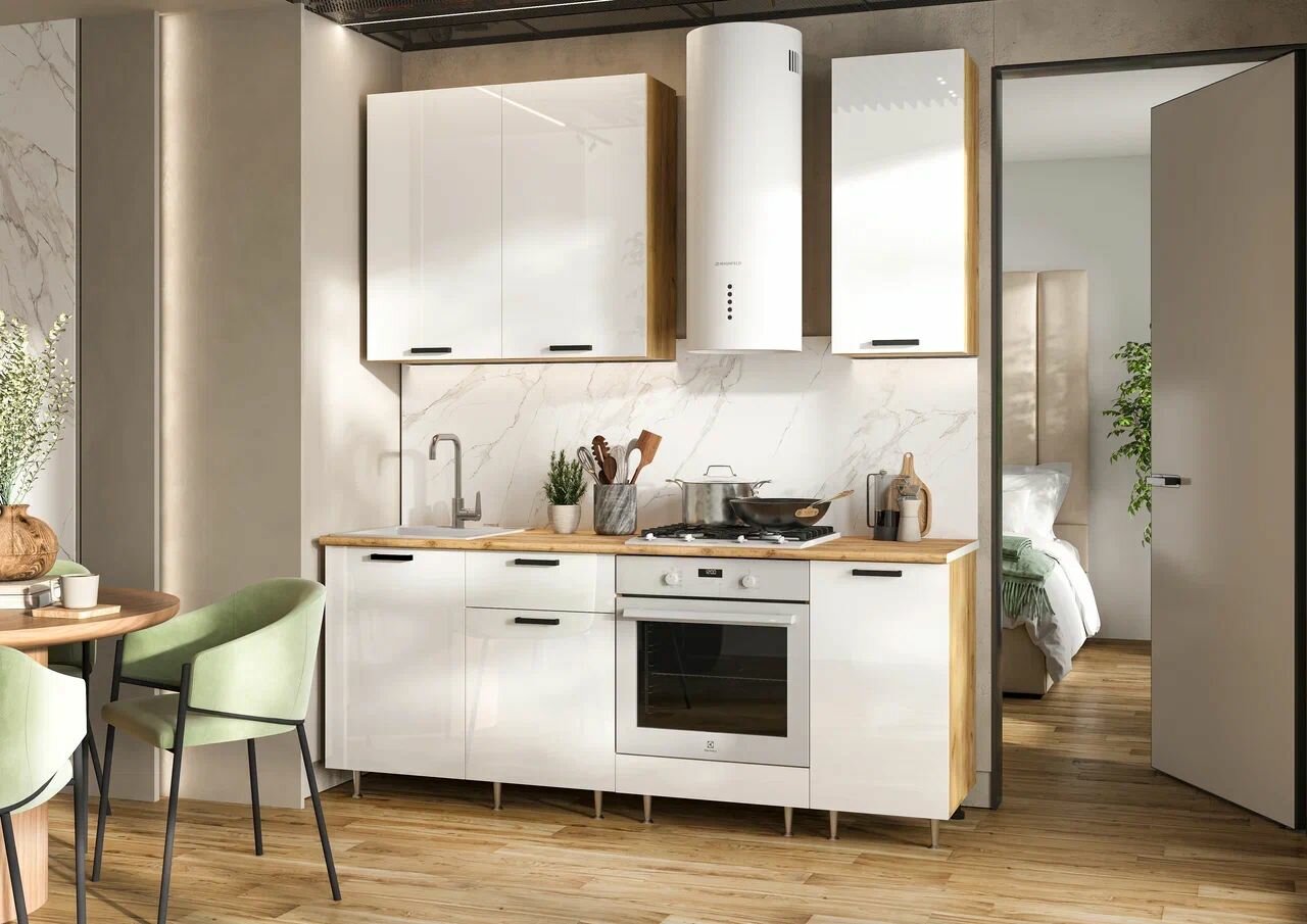 Кухня Рио NEW 2,0 м. Компоновка №2 Белый глянец, Дуб Крафт (Дуб вотан)