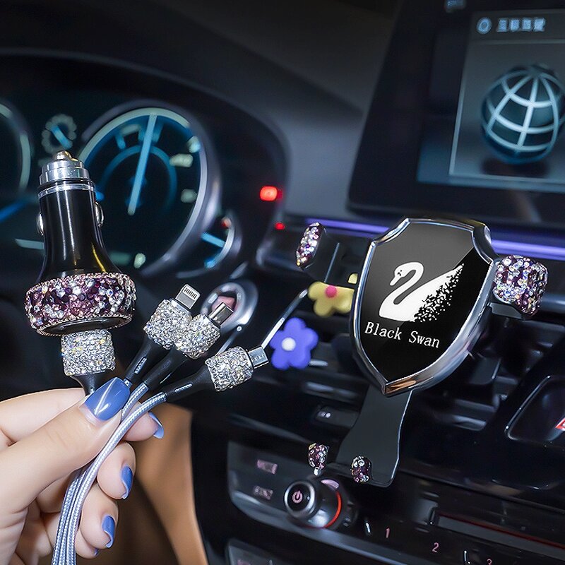 Комплект автомобильного зарядного устройства с креплением для телефона и USB-кабелем, фиолетовый и белый диамант