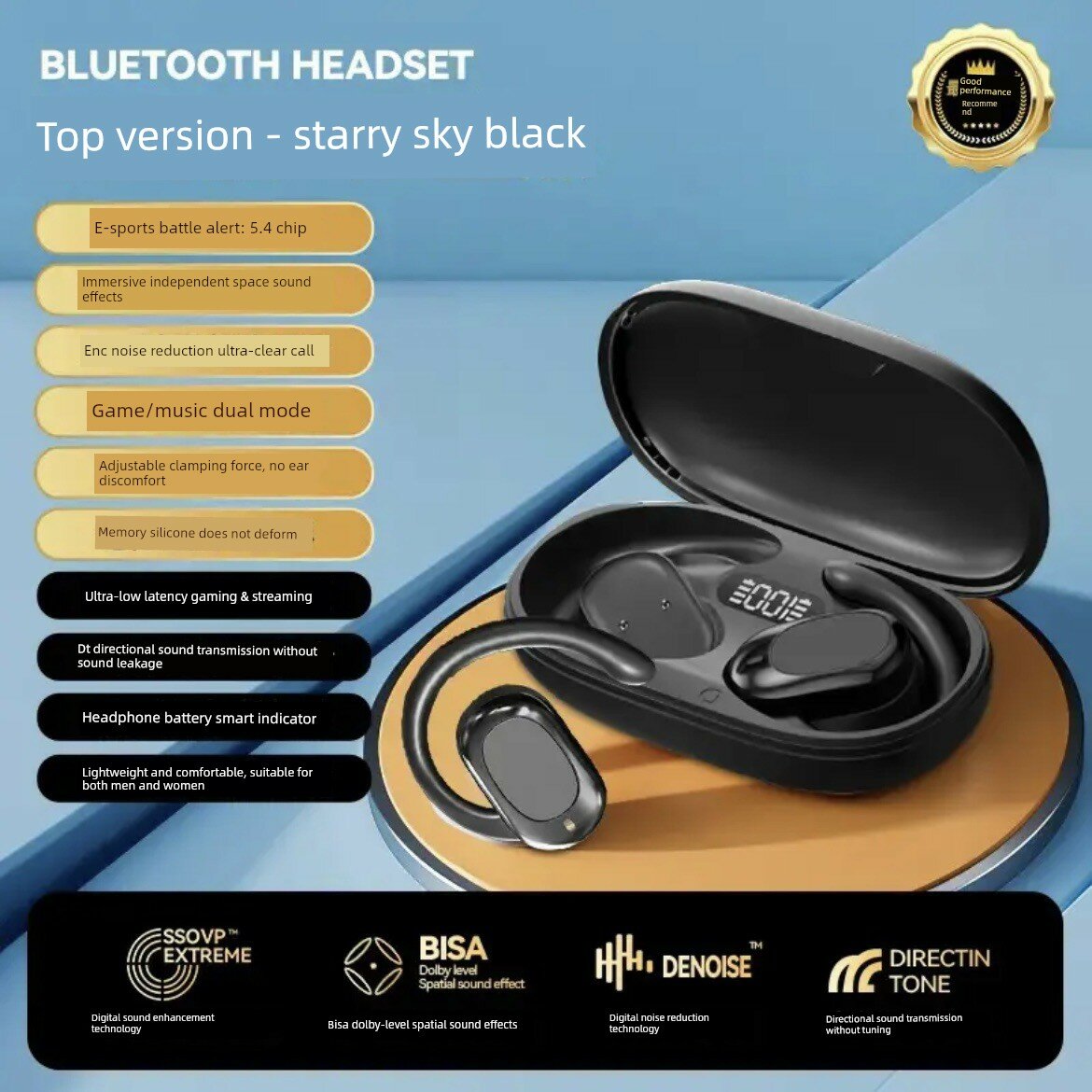 Беспроводные наушники Bluetooth с неподвижной посадкой и отсутствием утечки звука - черный цвет