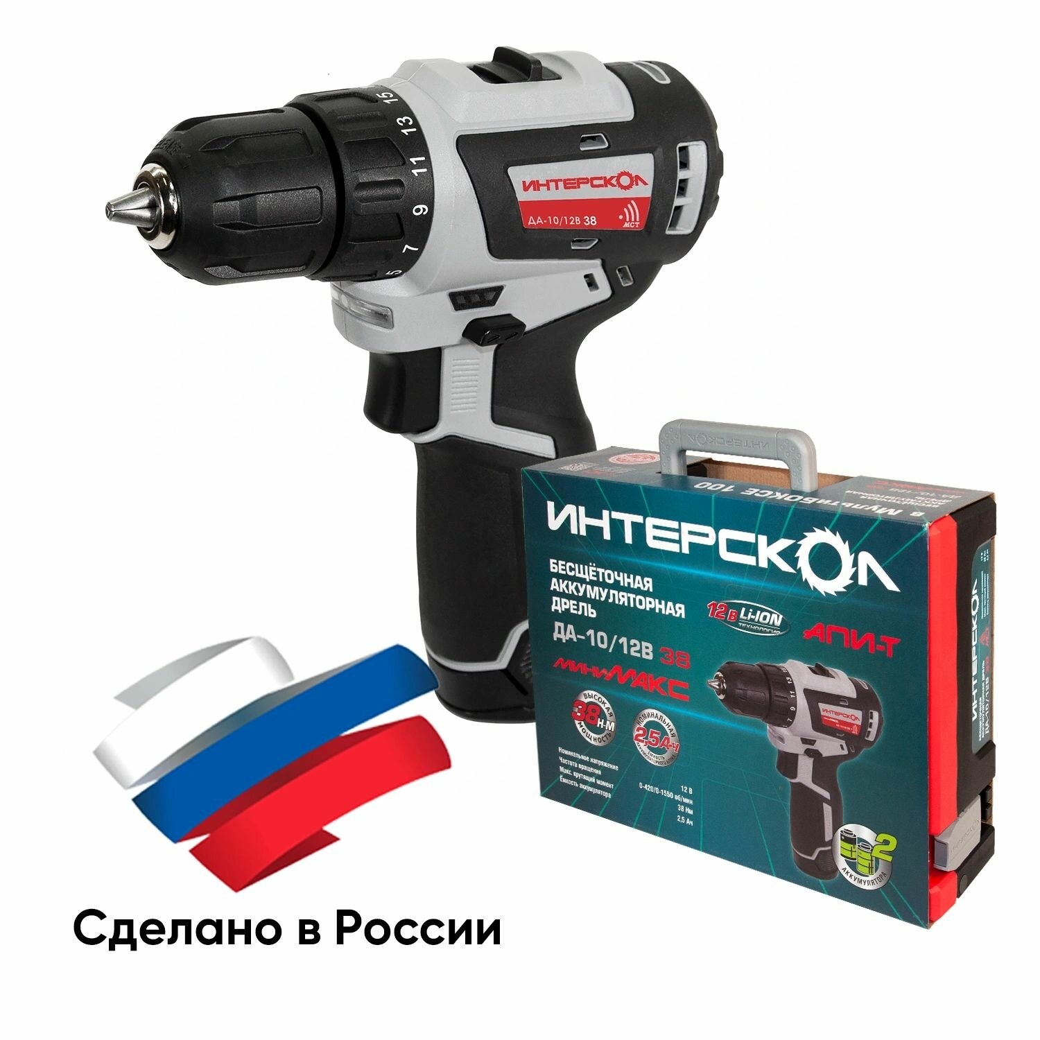 Дрель Интерскол акк. ДА-10/12В (12В, Li-ion,2х2.5Ач,0-400/1450об/мин,38Нм, БЗП 10мм, б/щ) 0.9кг м/бокс
