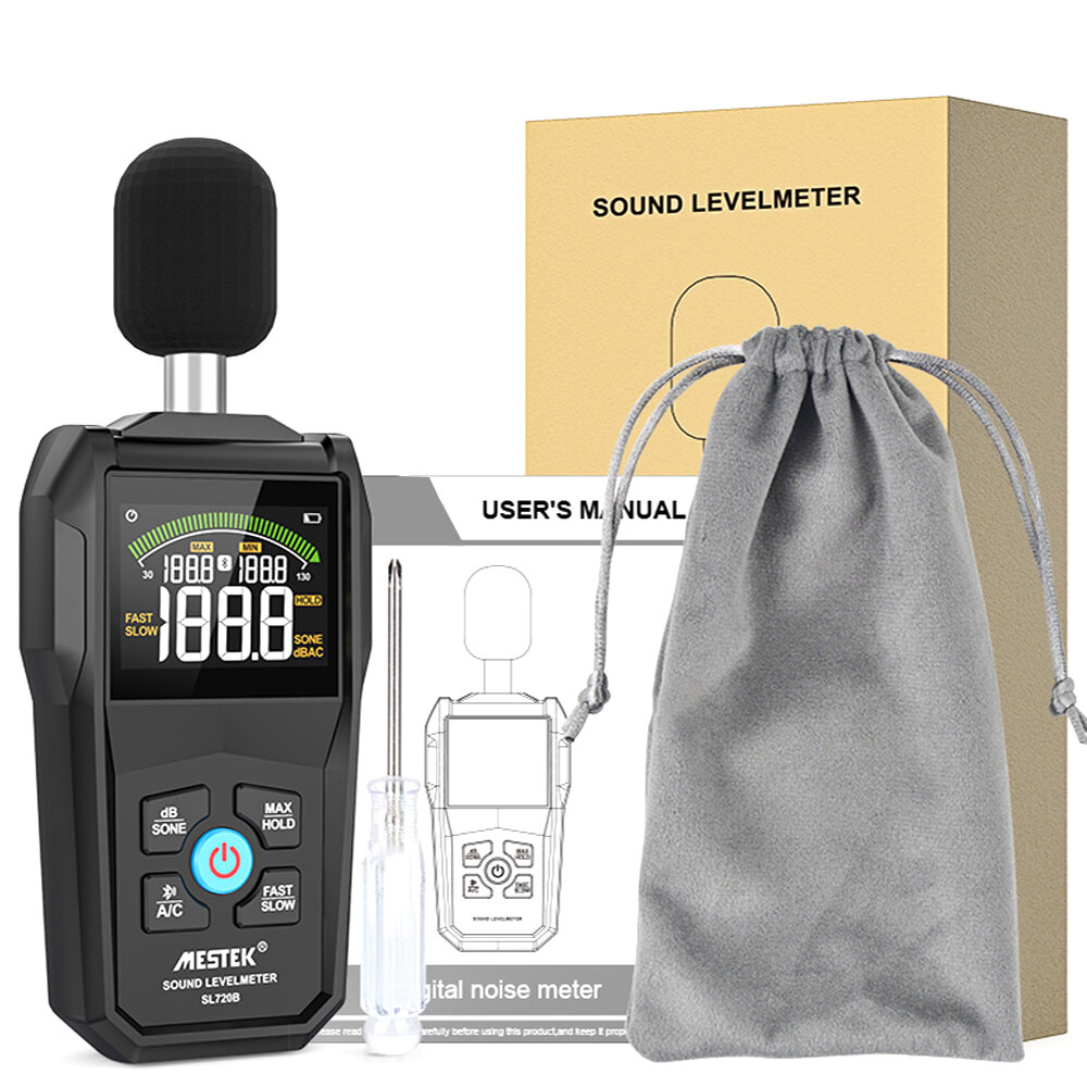 MESTEK Шумомер 30-130dB с цветным подсвеченным дисплеем, частотой выборки 125ms FAST и 1000ms SLOW, конденсаторным микрофоном, весом 205g, размерами 195*73*34mm, включающий отвертку, тканевый мешок и инструкцию