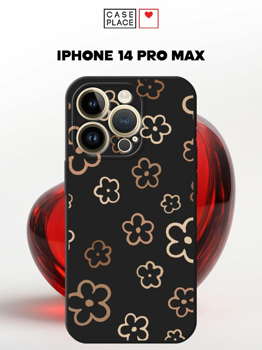 Черный матовый чехол на Apple iPhone 14 Pro Max / Айфон 14 Про Макс с принтом Цветы контур