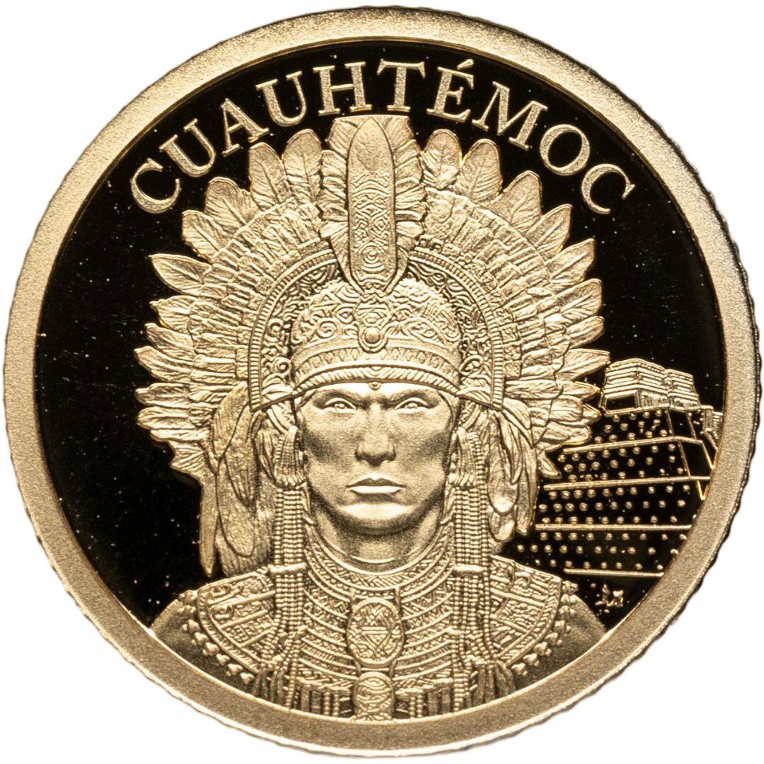 Острова Кука 5 долларов 2025 "Империя ацтеков - Куаутемок" с сертификатом, Золото 999, в сохранности Proof
