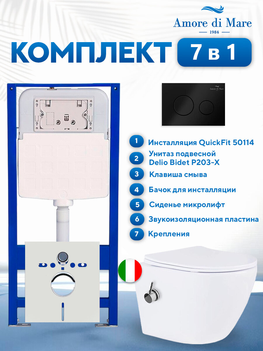 Комплект инсталляции Amore di Mare QuickFit 50114 с унитазом Delio Bidet P203-X с круглой кнопкой черной 303MB 7 в 1, Италия