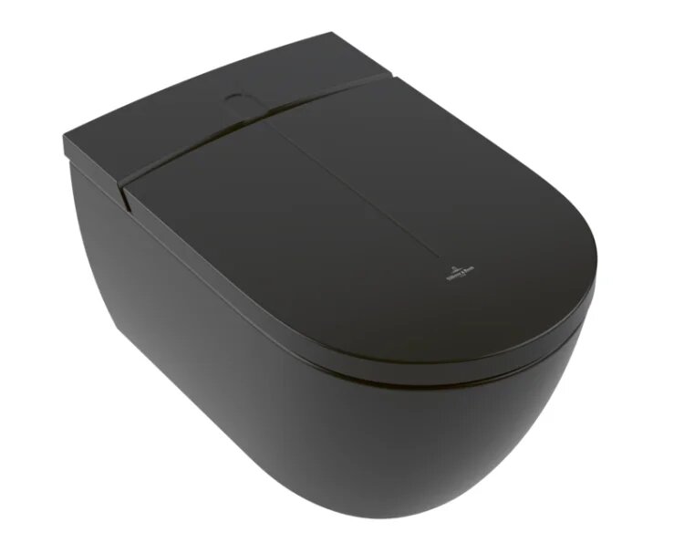 Умный унитаз подвесной Villeroy & Boch Viclean V0E100R7 с микролифтом, безободковый, овальный, с биде, черный, без бачка, фарфоровый, антивсплеск