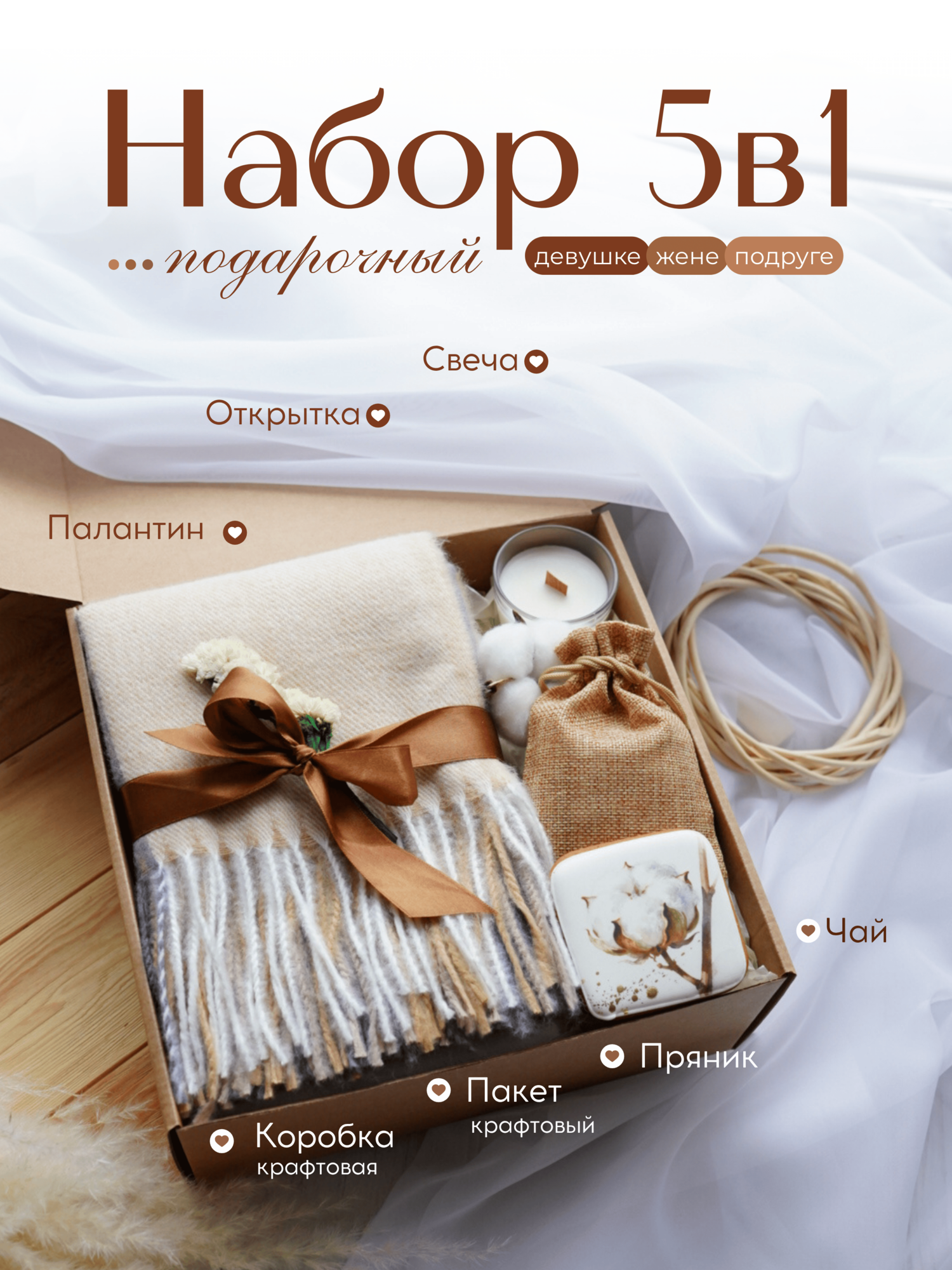 Подарочный набор "Тепла и уюта!" с шарфом для девушки, жены, мамы, подруги, сестры, коллеги, на День Рождения, Новый Год