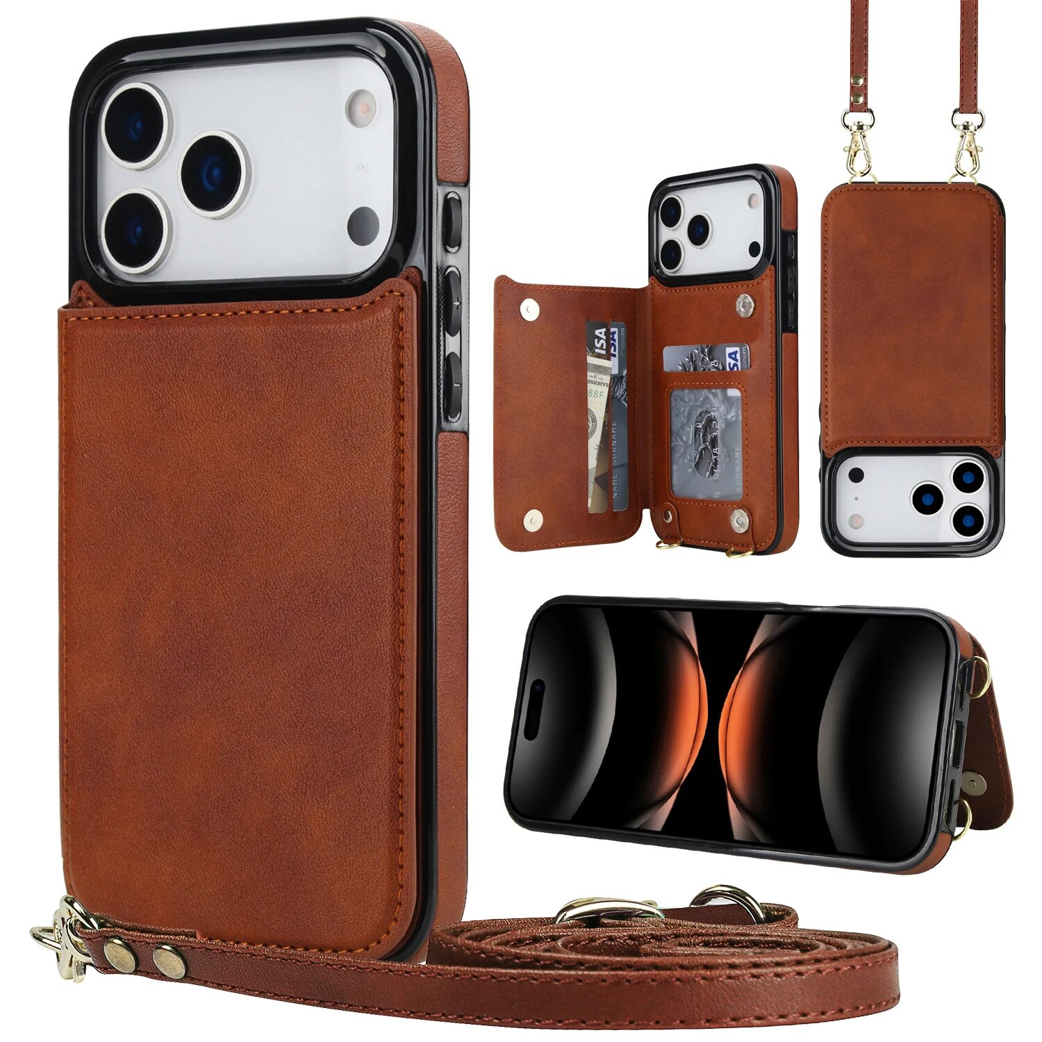 Роскошный кожаный чехол-кошелек с ремешками для iPhone 17, 16, 15, 14, 13, iPhone 12 Про, Коричневый