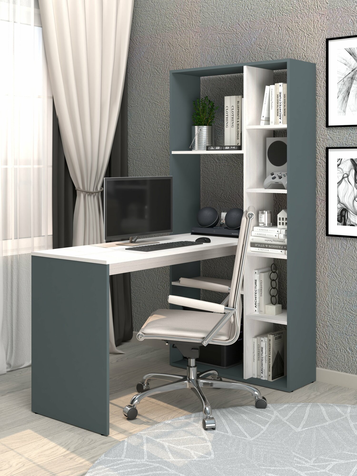 Есэндвич Лаворо 13 Письменный стол со стеллажом 130х170х80 см (Анкор белый/Базальт)