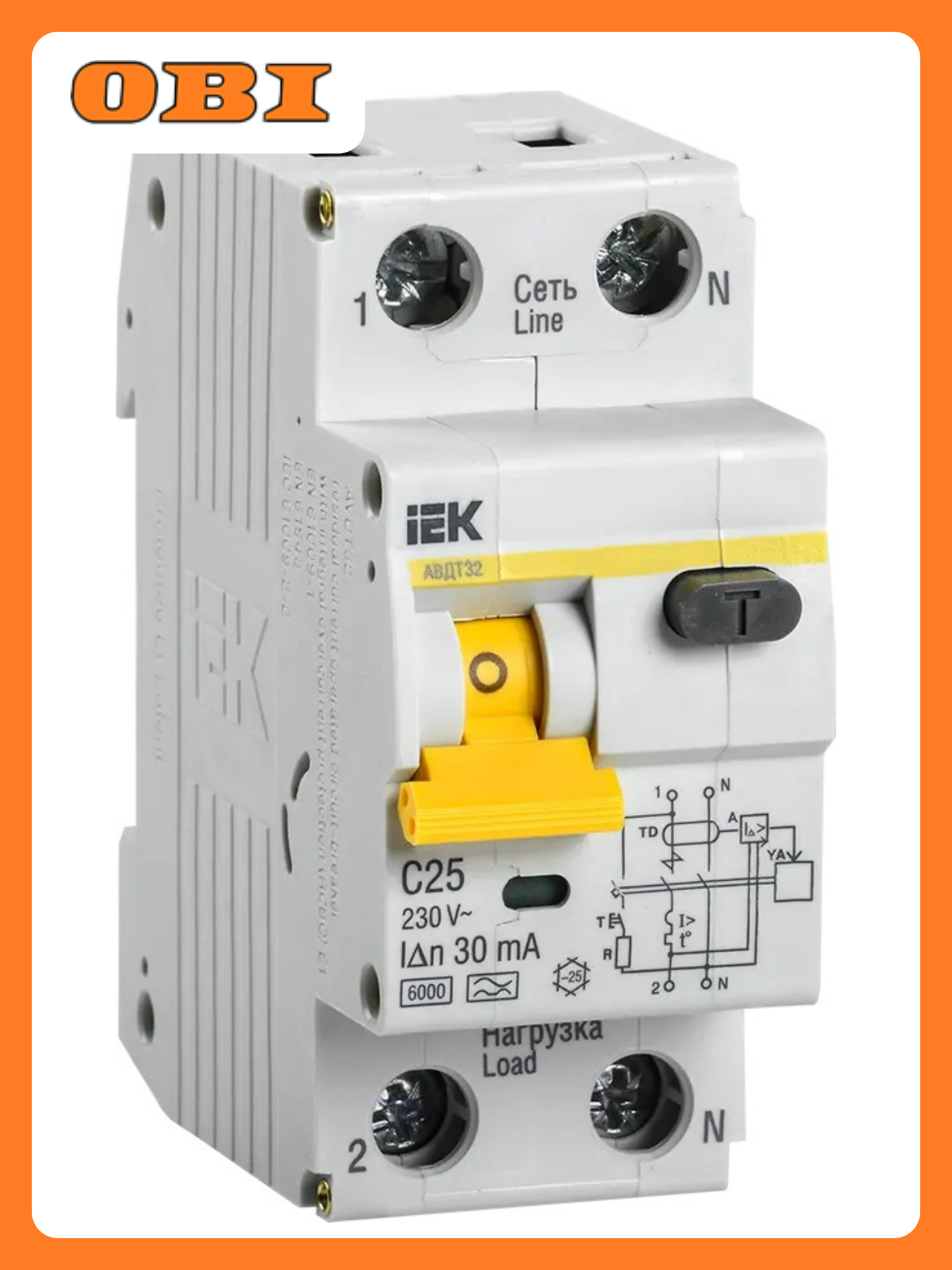 Автоматический выключатель дифференциального тока IEK АВДТ-32C25, 25А, 30мА