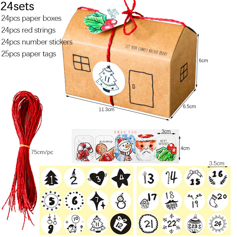 24 PCS Коробки для Конфет Формы Маленького Дома из Крафтовой бумаги для Подарков с Метками и Бумажной Проволокой для Упаковки Конфет, Печенья, Шоколада, Печенья, Размер 11.3x6.5x6cm, Материал 300g Крафтовая бумага