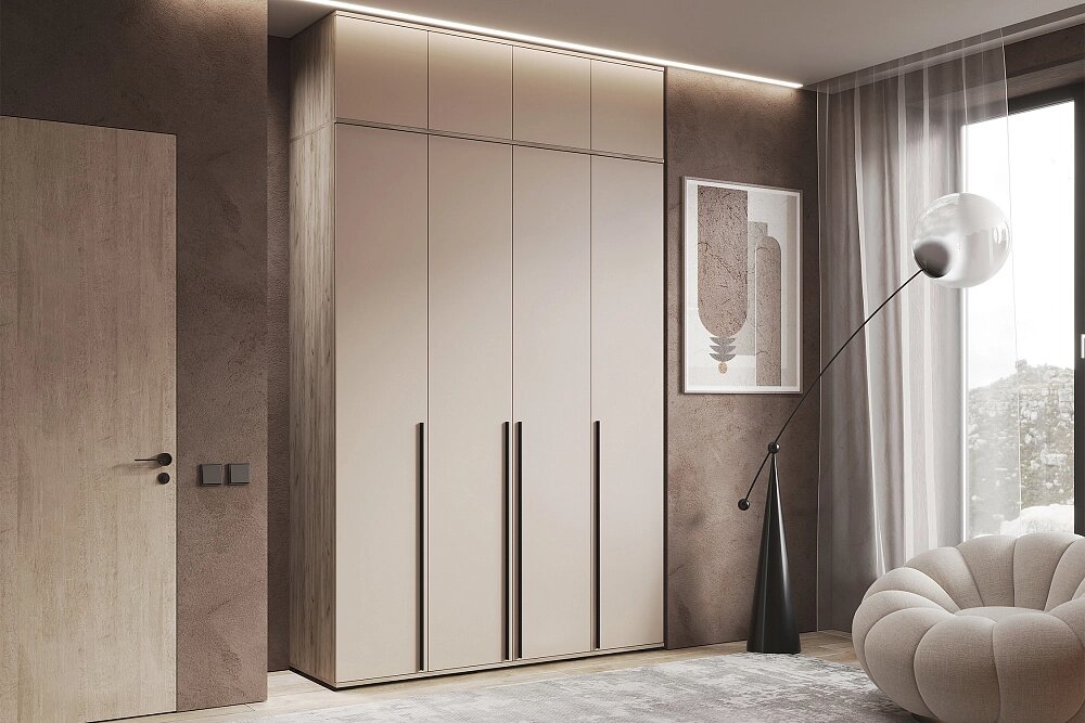 Шкаф с полками и антресолью, распашной четырехстворчатый 4 двери 3 штанги Норд, 160х265.4х51 см, Кашемир / Дуб крафт серый