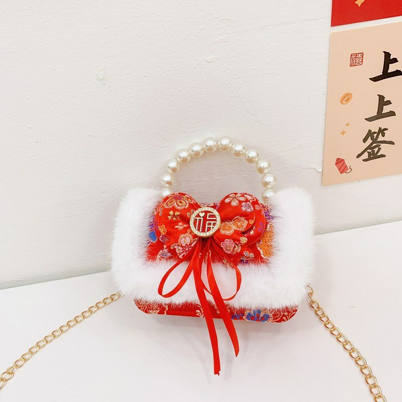 Детская сумка осень-зима Новый год красная праздничная сумочка в стиле маленького Шанель с шерстяными жемчужными аксессуарами сумка для девочки