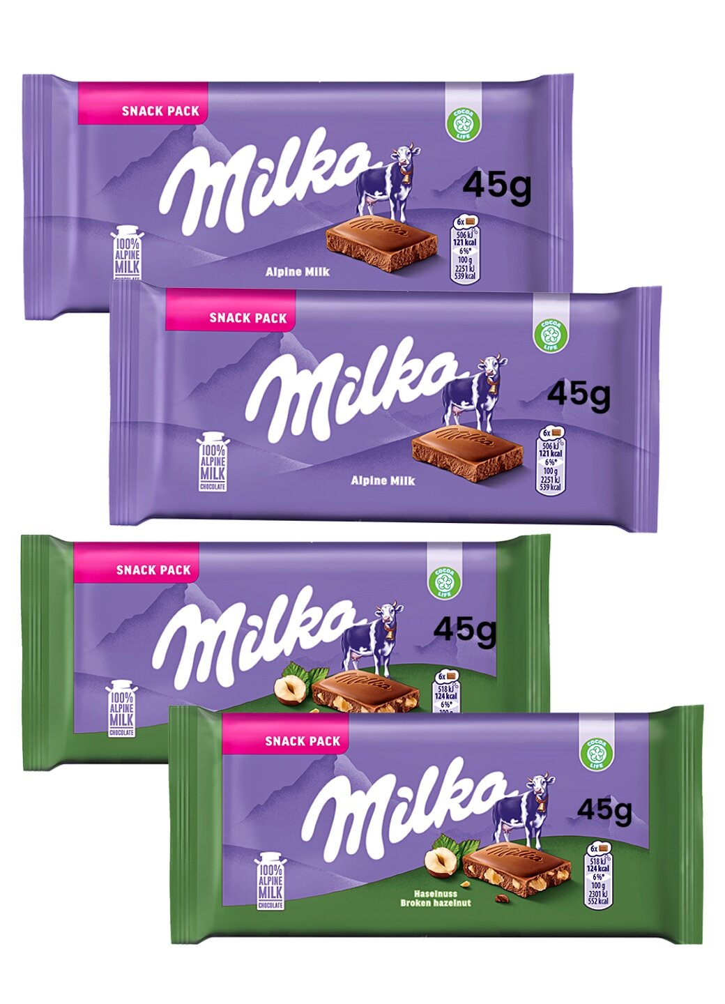 Шоколадная плитка Milka Alpine Milk, Broken Hazelnut с кусочками фундука, 45г x 4 шт (Германия)