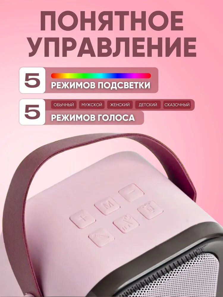Детская караоке система с двумя беспроводными микрофонами и колонкой розового цвета, 5 звуковых эффектов, 4 изменения голоса — фото 1