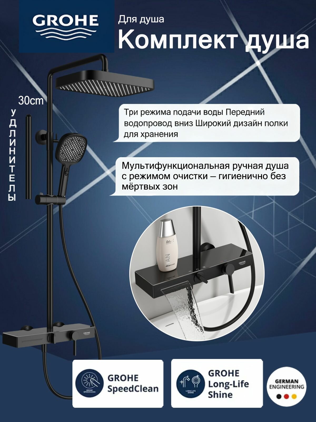 GROHE Душевой комплект черный Современная технология, фронтальный выход воды.