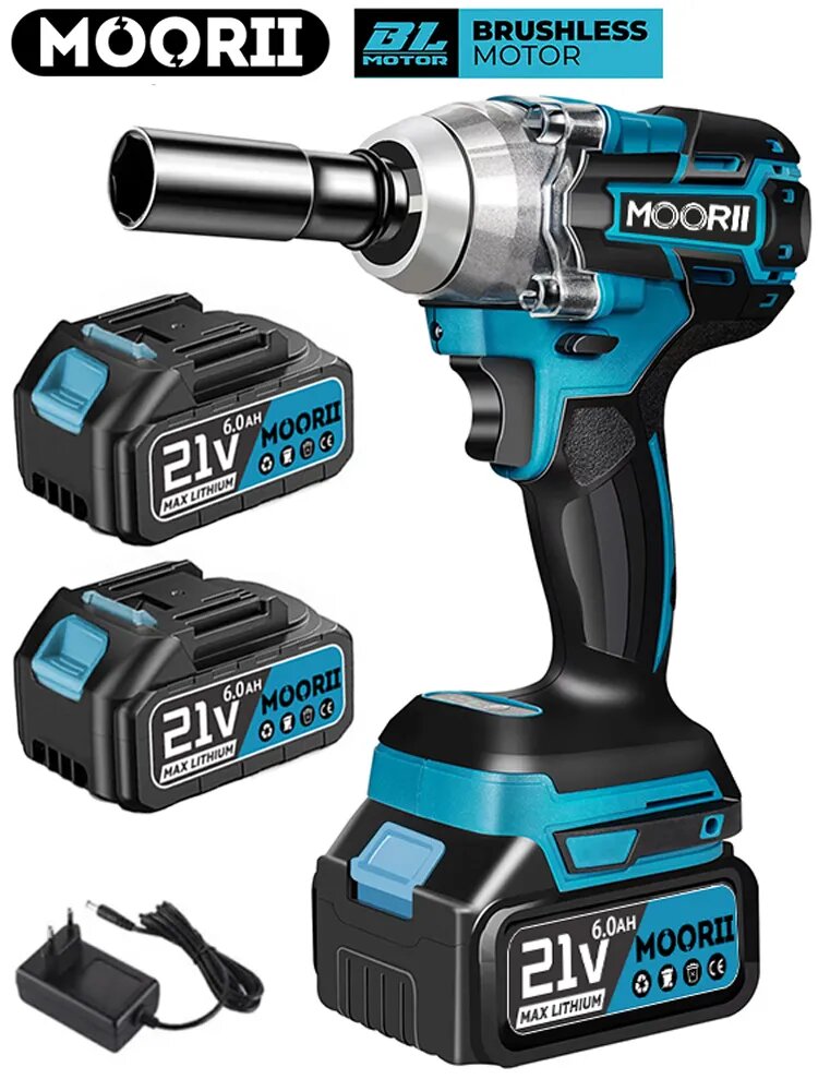 Ударный гайковерт MOORII, бесщеточный, аккумуляторный, 1/2 дюйма, 21 в, 2 АКБ 6,0 Ач