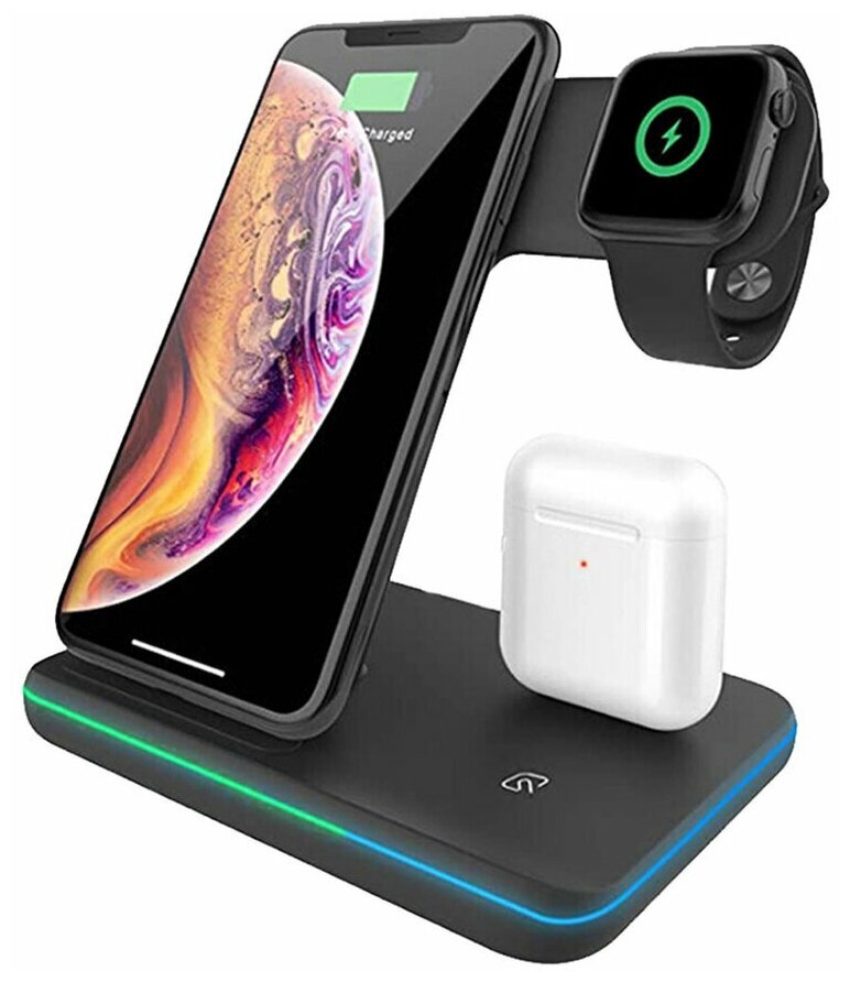 Беспроводная зарядная Док Станция 3 в 1 для портативной зарядки телефонов, умных смарт часов и наушников (черный)