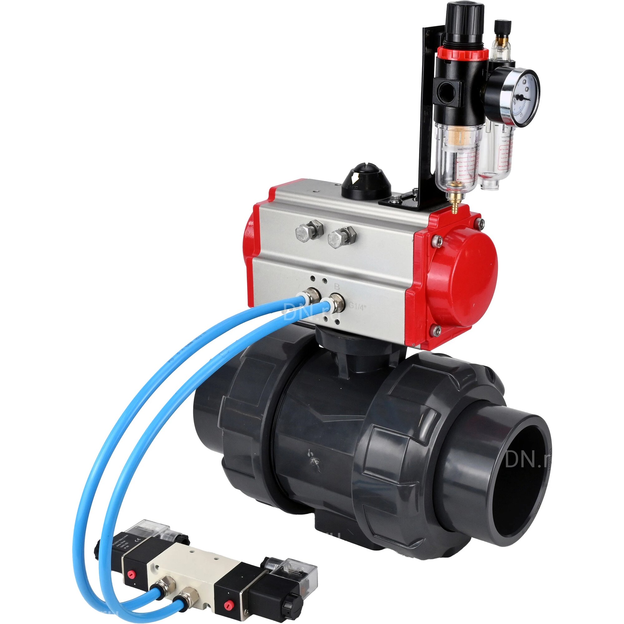 Кран шаровой DN.ru НПВХ-НПВХ-E-FP-GRM-ISO Дн15 Ру10 полнопроходной, корпус - НПВХ, шар - НПВХ, уплотнение - EPDM, с пневмоприводом DA-052, пневмораспределителем PND1-S2EM-52-2-T10-220VAC и БПВ APU1-10-40-V08