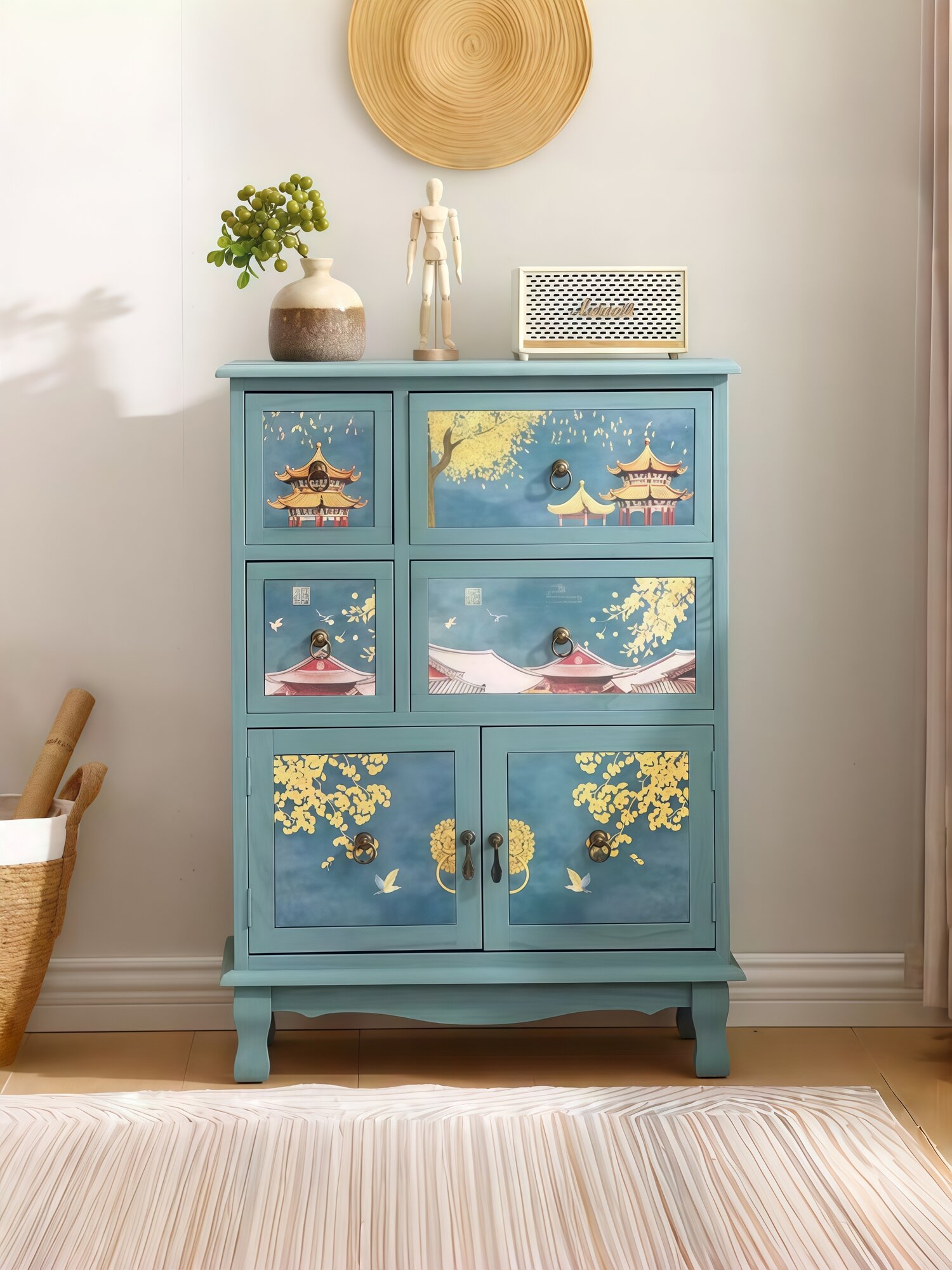 Буфет "Тонму", массив дерева, с ящиками, классический стиль, сине-зеленый