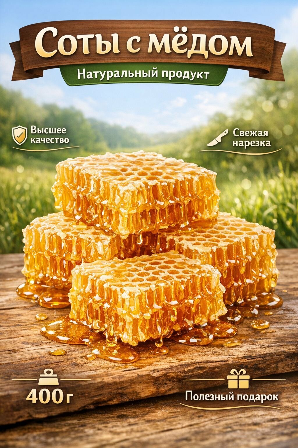 Мёд в сотах, Свежая Нарезка, 350-400 грамм. Вкус детства В индивидуальной коробке.