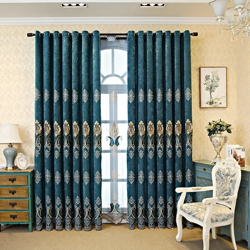 Синие занавески из синели для дома Плиссированная лента, W150cm x H250cm 1PC, Green