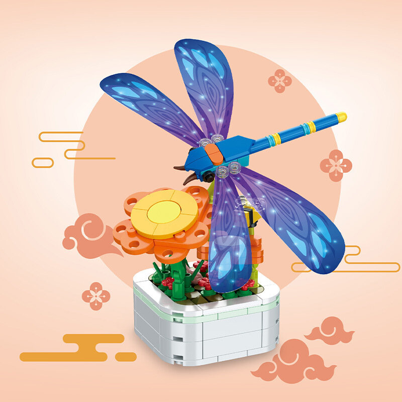 Кубики для сборки Flower Blocks, совместимые с кубиками Lego, горшечная растительность, пазл, собираемые насекомые, бабочка, ландшафтные украшения, подарки 103F (горшечная с стрекозой F5 [цветная коробка] -129г)