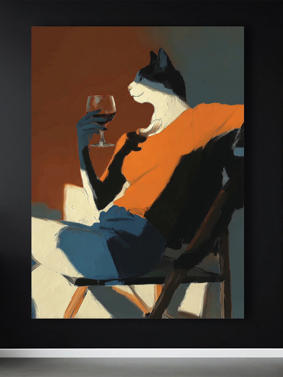 Картина интерьерная на стену - "Живописный кот с вином, котик выпивоха абстракция на кухню, в столовую" , 60х80 см.