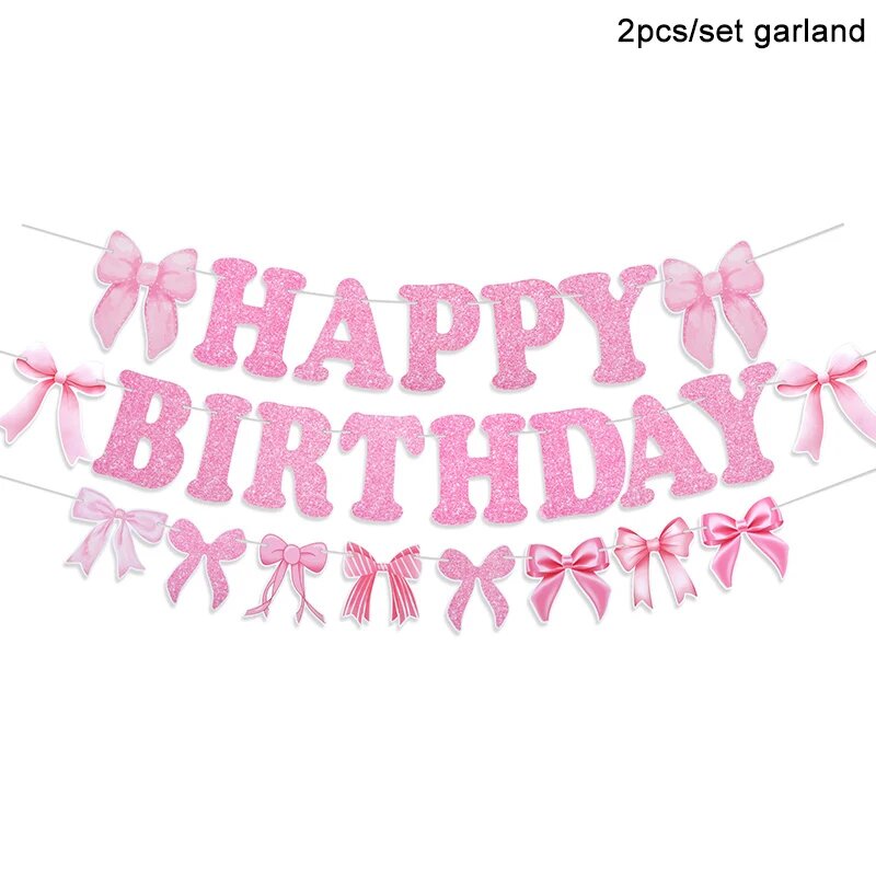 Розовый бант, бумажный баннер для дня рождения, гирлянда, латексные воздушные шары, набор топперов для торта, детские украшения для вечеринки в честь дня рождения для девочек