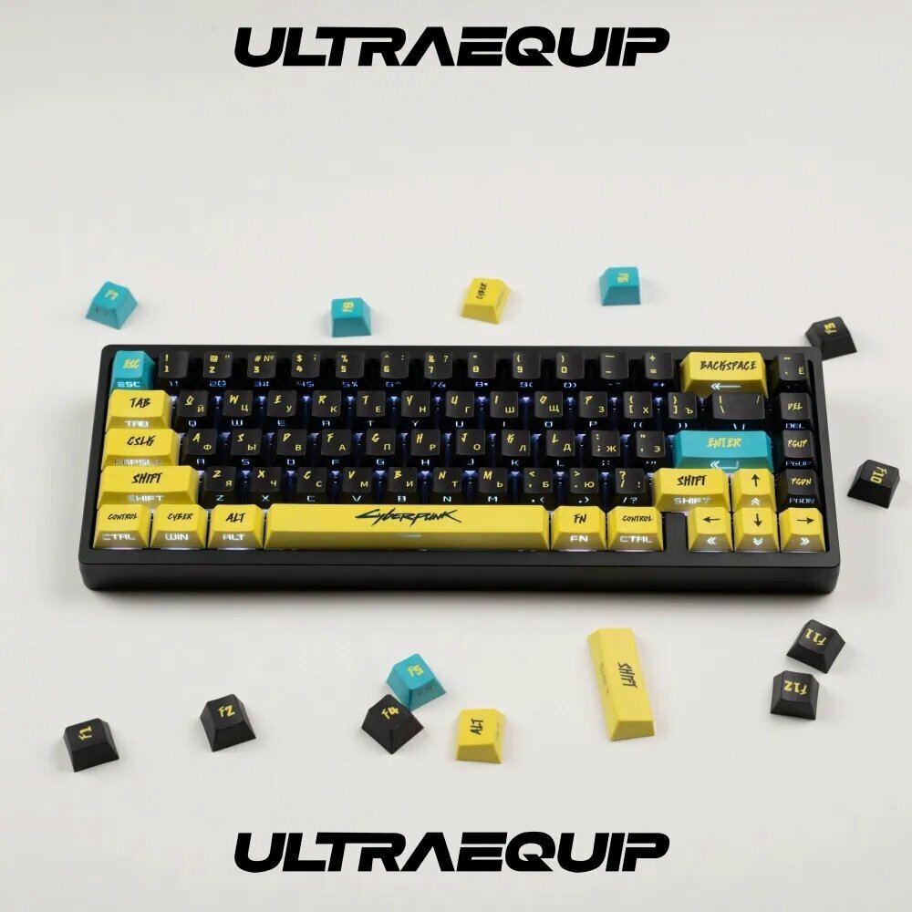 Кейкапы для механической клавиатуры - Тема киберпанка, Русский, 129 клавиш, толщина Cherry 1,7 мм, Shine Through, профиль Cherry, зеленый и черный
