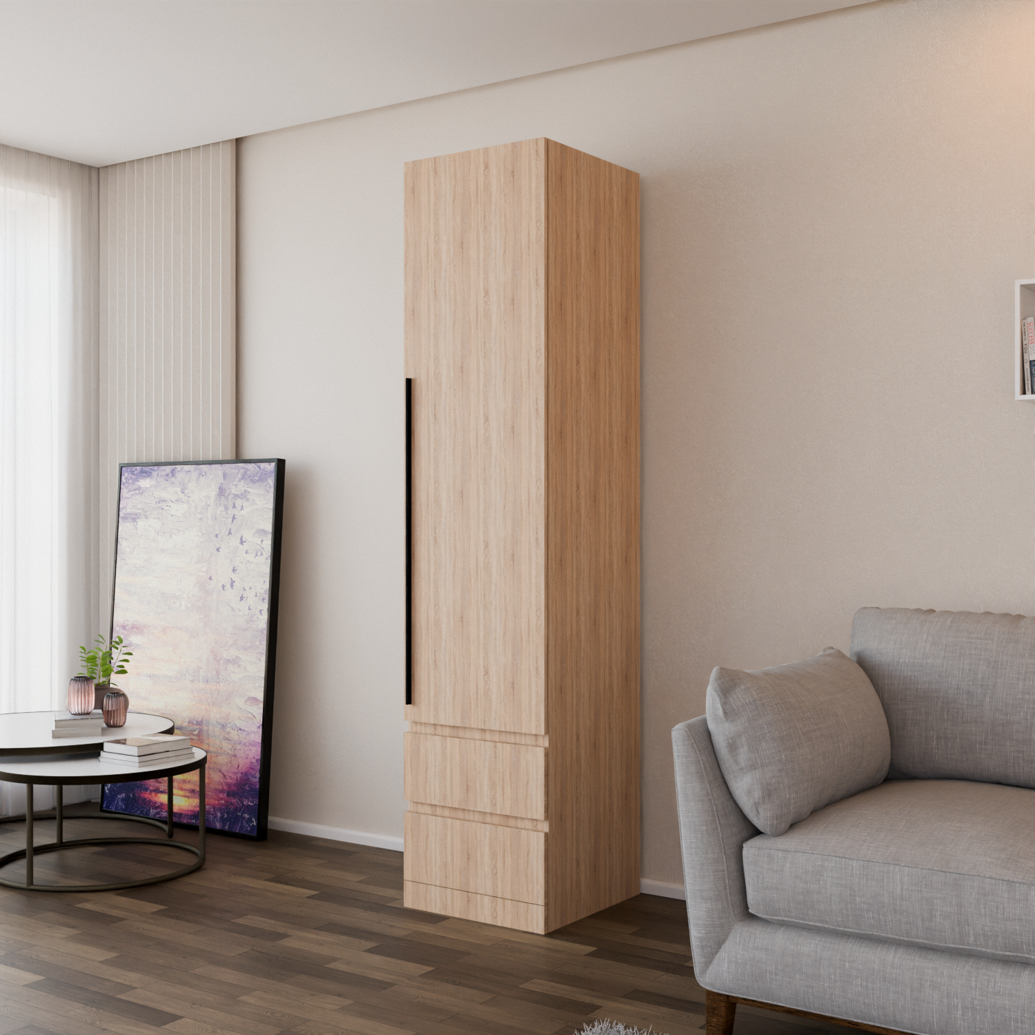 Шкаф-пенал Флокс | Корпус ЛДСП Дуб сонома| Фасад ЛДСП Дуб сонома | Ручка Чёрная