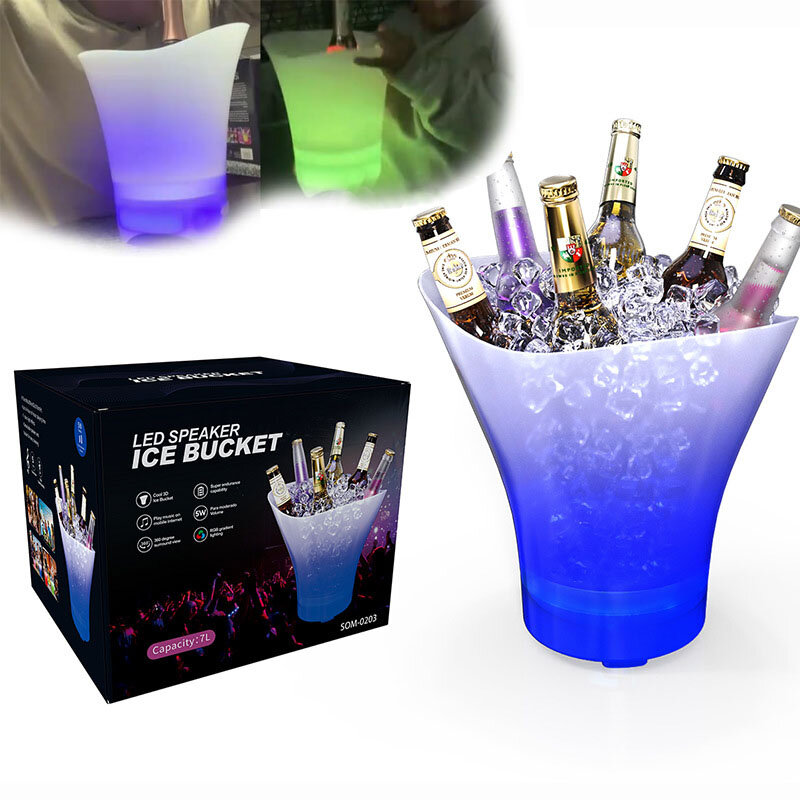 LED Ice Bucket с Bluetooth Speaker, подсвеченный большой ведро для льда для вечеринок, портативное LED ведро для спиртных напитков с колонкой, ведра для напитков для шампанского, коктейлей, аксессуары для бара для домашнего барного набора (7L), 7 ярких