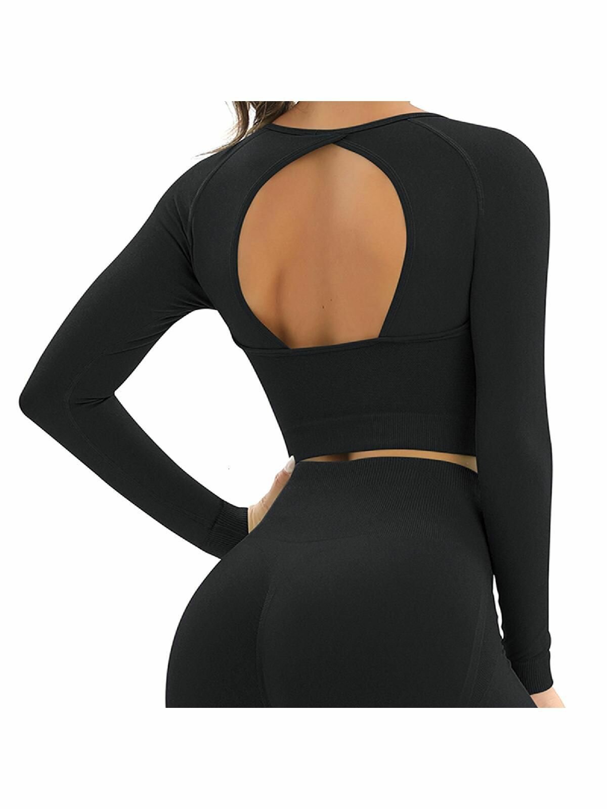 Женская майка с открытой спиной, длинные рукава, Черный - L