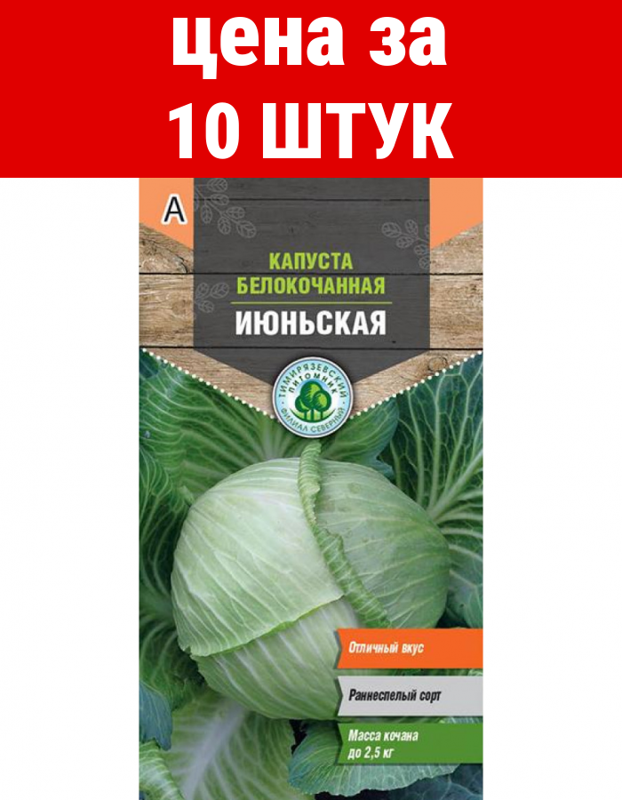 Комплект 10 шт, Семена Тимирязевский питомник капуста б/к Июньская ранняя 0.5г