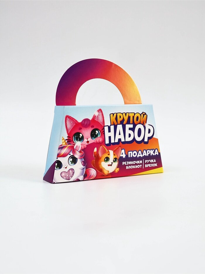 Подарочный набор: блокнот А6, 8 л. Резиночки 10шт, брелок-пушистик, мини ручка "Кругляши"