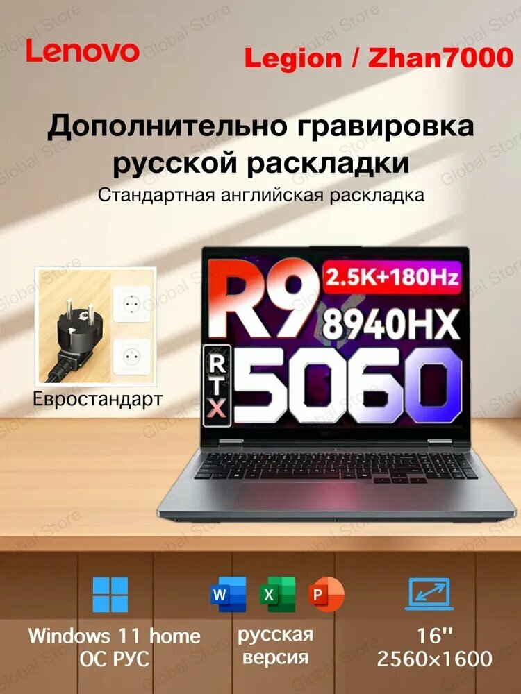 Lenovo Zhan7000 2025 Игровой ноутбук 16", AMD Ryzen 9 8940HX, RAM 16 ГБ, SSD 1024 ГБ, NVIDIA GeForce RTX 5060 для ноутбуков (8 Гб), Windows Home, серый, Английская раскладка