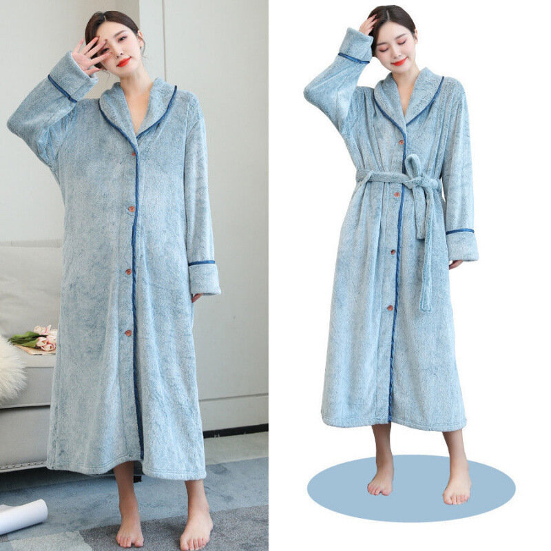 Теплая мужская ночная рубашка, утолщенная и удлиненная, с пуговицами, для мужчин, осень и зима, цельная пижама, с флисовой подкладкой, длинная домашняя одежда, больших размеров