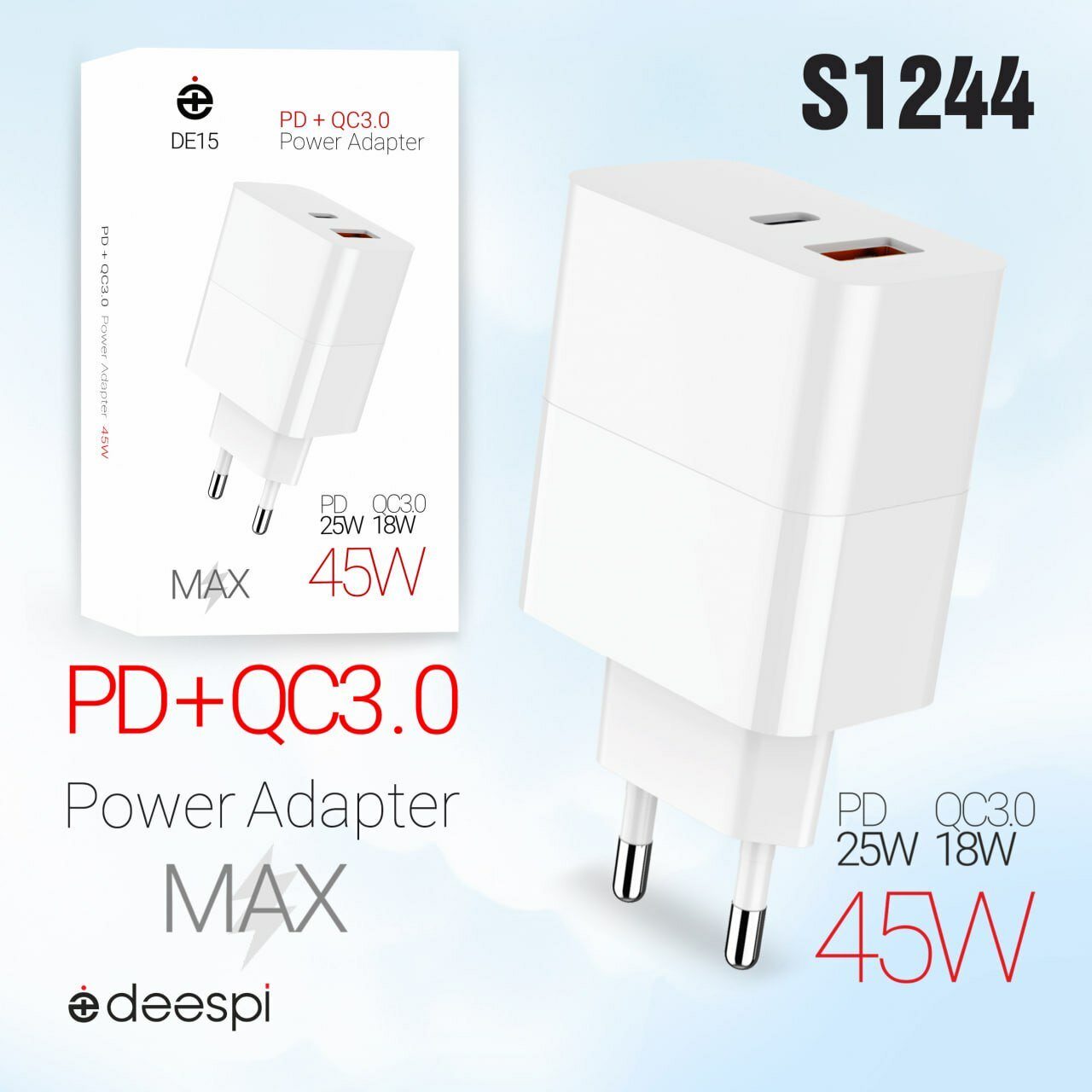 Сетевое зарядное устройство для телефона deespi DE15 QC3.0 18W+PD25W White / Зарядка для Andoid и Iphone / Блок питания