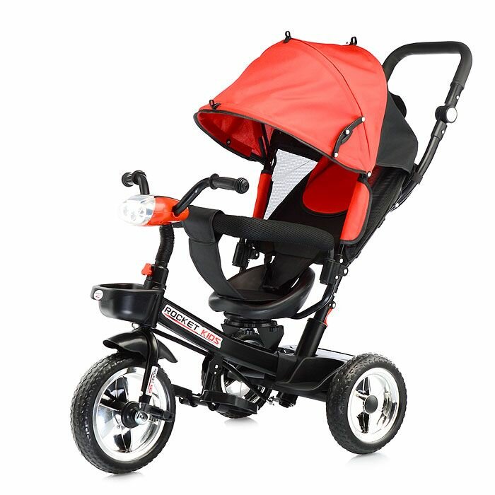 Велосипед коляска трехколесный Rocket 290, колеса EVA, свет, музыка, с ручкой для родителей и с корзиной для игрушек. Цвет: Красный.