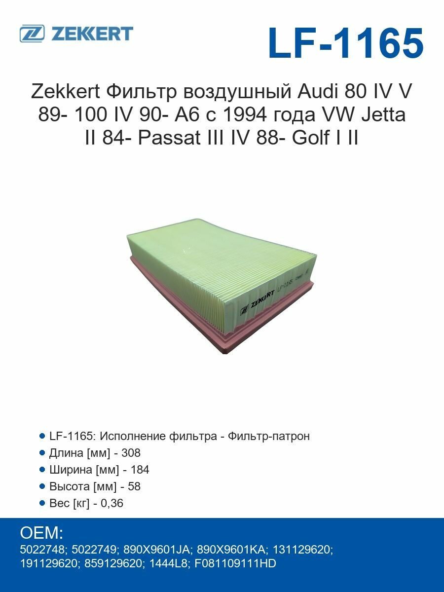 Zekkert Фильтр воздушный Audi 80 IV V 89- 100 IV 90- A6 с 1994 года VW Jetta II 84- Passat III IV 88- Golf I II