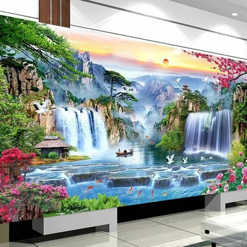 140X50 CM/Алмазная мозаика "озеро луна дерево" / Алмазная вышивка / Круглая картина стразами Полная выкладка
